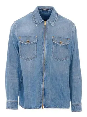 Versace Zipped Denim Shirt With Medusa Buttons - Blue