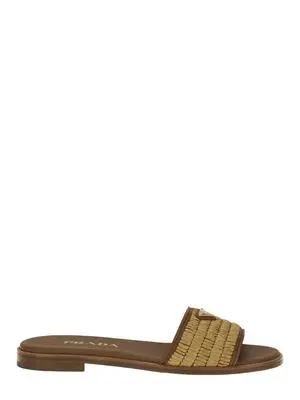 Prada Raffia Slip-on Sandals With Metal Triangle Logo - Brown
