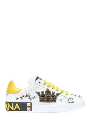Dolce & Gabbana DOLCE & GABBANA Portofino Glittered Crown Appliqué Leather Sneakers Yellow