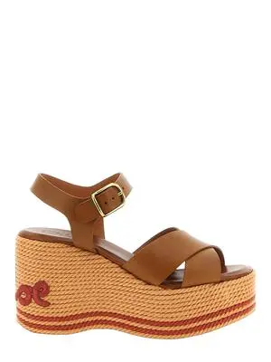 Chloé Wedge Sandals With Embroidered Signature - Brown