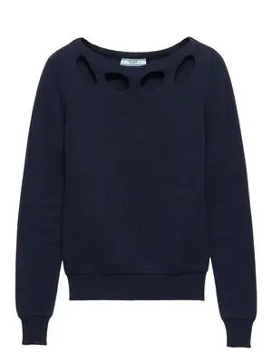Prada Cotton Boat Neck Sweater With Cutouts - Blue