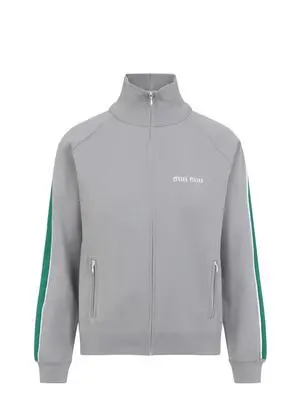 Miu Miu Grey Funnel Neck Zip-up Sweatshirt With Striped Sleeves - Gray