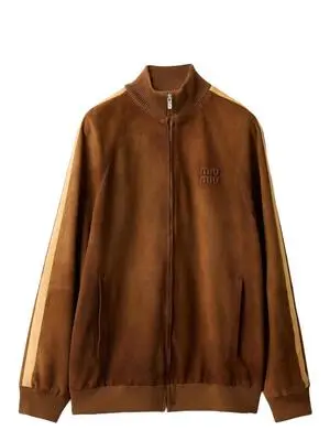 Miu Miu Leather Jacket With Embossed Logo - Brown