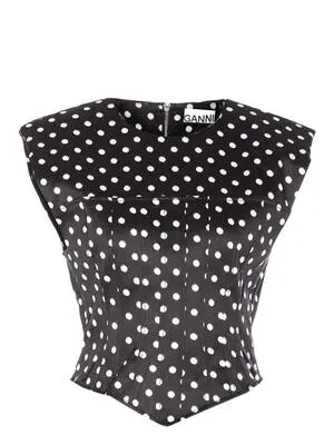 GANNI Polka Dot Satin Corset Top - Black