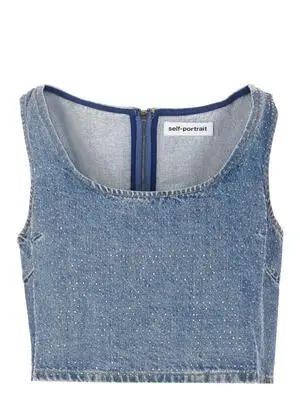 SELF-PORTRAIT Rhinestone Embellished Denim Crop Top - Blue