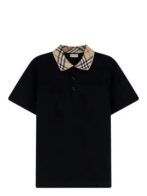 Burberry Cotton Polo Shirt With Check Collar Detail - Black