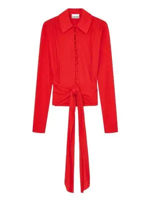 GANNI Spread Collar Long Sleeve Tie Detail Shirt - Red