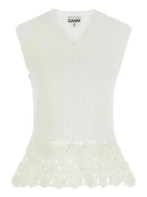 GANNI Ribbed Knit V-neck Top With Crochet Insert - Cream