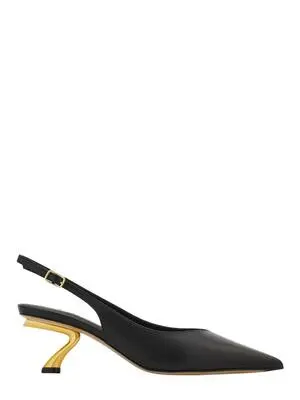 FERRAGAMO Leather Slingback Pumps With Sculptural Gold-tone Heel - Black
