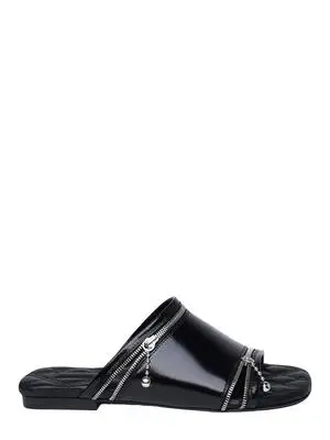 Burberry Square Toe Zip Appliqué Leather Slippers - Black