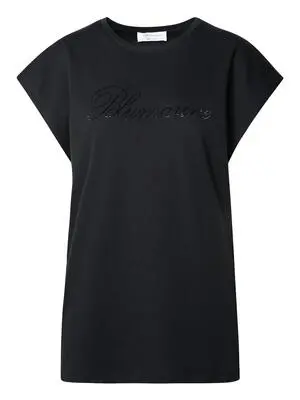 Blumarine Cotton T-shirt With Rhinestone Logo - Black