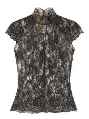 Valentino Garavani Lace Top With Padded Shoulders And Scalloped Hem - Black