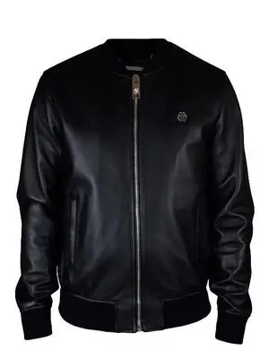 Philipp Plein Leather Bomber Jacket With Logo Detail - Black