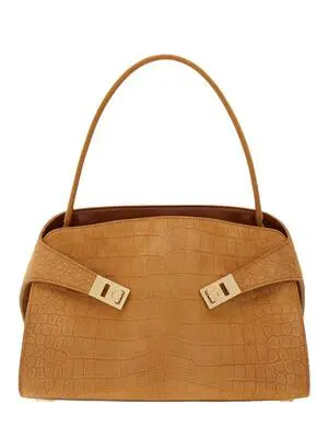 FERRAGAMO Soft Hug Alligator-print Suede Shoulder Bag - Cream