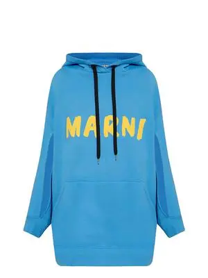 Marni Oversized Hooded Sweatshirt With Kangaroo Pocket And Logo Detail - Blue