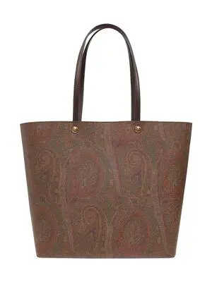 Etro Paisley Print Leather Trimmed Tote Bag - Brown