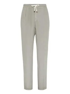 Brunello Cucinelli Tapered Linen Trousers With Drawstring - Brown