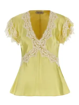 Alberta Ferretti Satin And Lace Top - Yellow