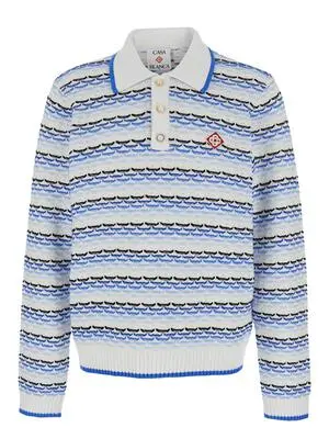 Casablanca Blue Polo With Logo Embroidery On The Front And All-over Stripes In Cotton - Multicolor
