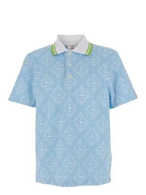 Casablanca Light Blue Polo Shirt With Classic Bicolor Collar And All-over Embroidery In Cotton Blend - Multicolor