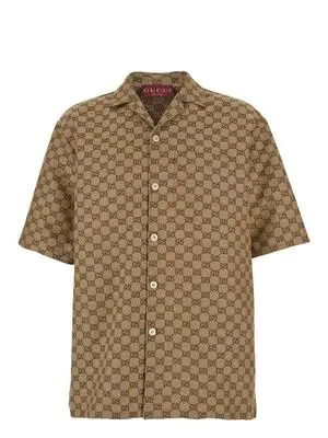 Gucci Gucci Men Beige Bowling Shirt With Gg All-Over Motif In Linen Men Multicolor