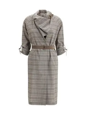 Burberry Wool Check Dress With Shawl Collar And Belted Waist - Gray