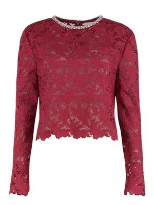 SELF-PORTRAIT Crystal Embellished Lace Top - Red