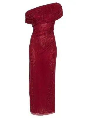 SELF-PORTRAIT Draped Embellished Midi Dress - Red