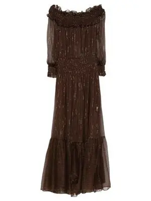 SELF-PORTRAIT Long Silk Blend Dress With Striped Metallic Pattern - Brown