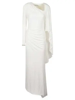 SELF-PORTRAIT Long Draped Asymmetrical Neckline Dress - White