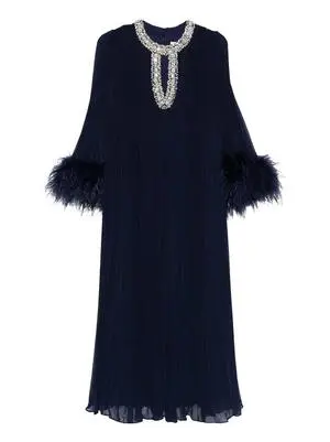 SELF-PORTRAIT Long Pleated Dress With Feather Trim - Blue