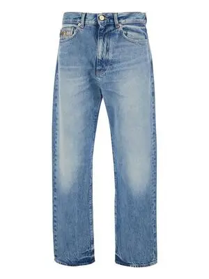 Versace Light Blue Denim Jeans With Logo Patch - Multicolor