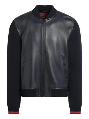 Gucci Navy Nappa Leather And Knit Bomber Jacket - Blue