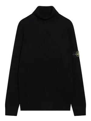 Stone Island Virgin Wool Turtleneck Sweater With Compass Logo Badge - Blue