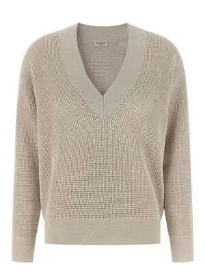 Brunello Cucinelli Openwork V-neck Sweater With Lamé Thread - Cream