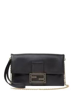Fendi Nappa Leather Mamma Baguette Pouch With Chain Strap - Black
