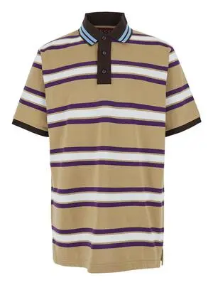 Gucci Beige Polo Shirt With Logo Imprinted On The Front And All-over Striped Motif In Cotton - Multicolor