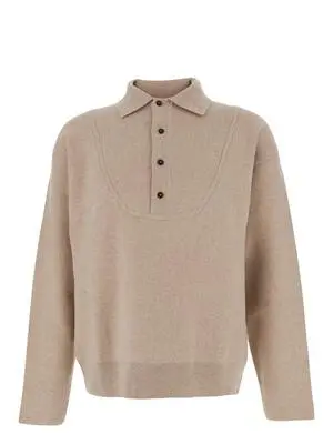Jacquemus Beige Wool Polo Sweater With Ribbed Details - Multicolor