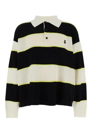 Alexander McQueen Black And White Long-sleeve Polo Shirt With Logo Patch On The Front And All-over Striped Motif In Cotton Blend - Multicolor