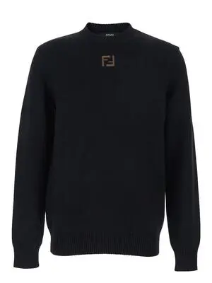 Fendi Crewneck Sweater With Ff Embroidery In Wool - Black