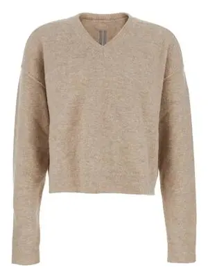 Rick Owens V-neck Wool Blend Cropped Sweater - Cream