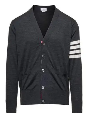 Thom Browne Thom Browne Wool V-Neck Cardigan With Striped Detail Gray