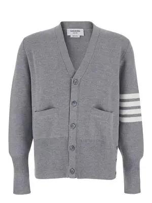 Thom Browne Gray Wool V-neck Cardigan With Striped Detail - Multicolor