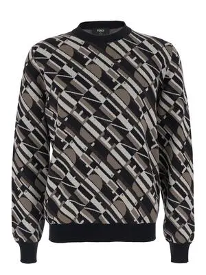 Fendi Wool Crewneck Sweater With Geometric Motif - Brown