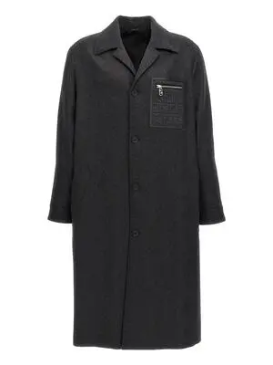 Fendi Single-breasted Cashmere Coat With Embossed Logo Pocket - Gray
