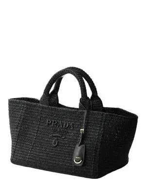 Prada Raffia-effect Tote Bag With Embroidered Logo - Black
