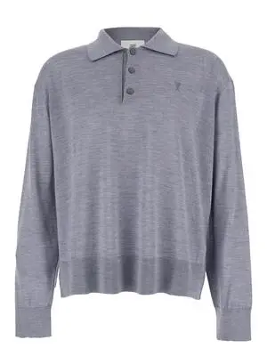 AMI Paris Grey Polo Shirt With Classic Collar And Adc Embroidery On The Front In Wool And Silk Blend - Multicolor