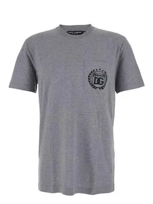 Dolce & Gabbana Grey Crewneck T-shirt With Logo Embroidery On The Front In Cotton - Gray