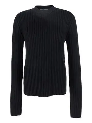 Dolce & Gabbana Black Ribbed Knit Wool Crewneck Sweater With Rear Logo Patch - Multicolor