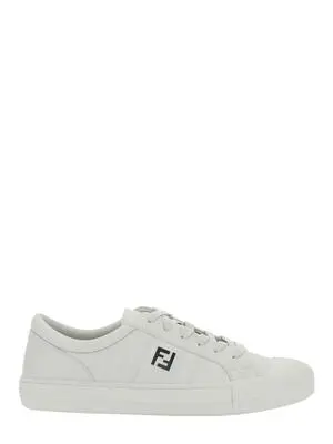 Fendi Domino" Low-top Leather Sneakers With Metallic Logo - White